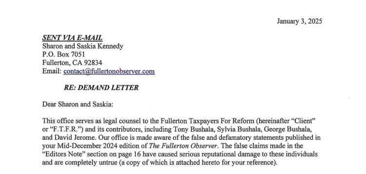 Fullerton Taxpayers for Reform Demand Retraction - Fullerton Observer